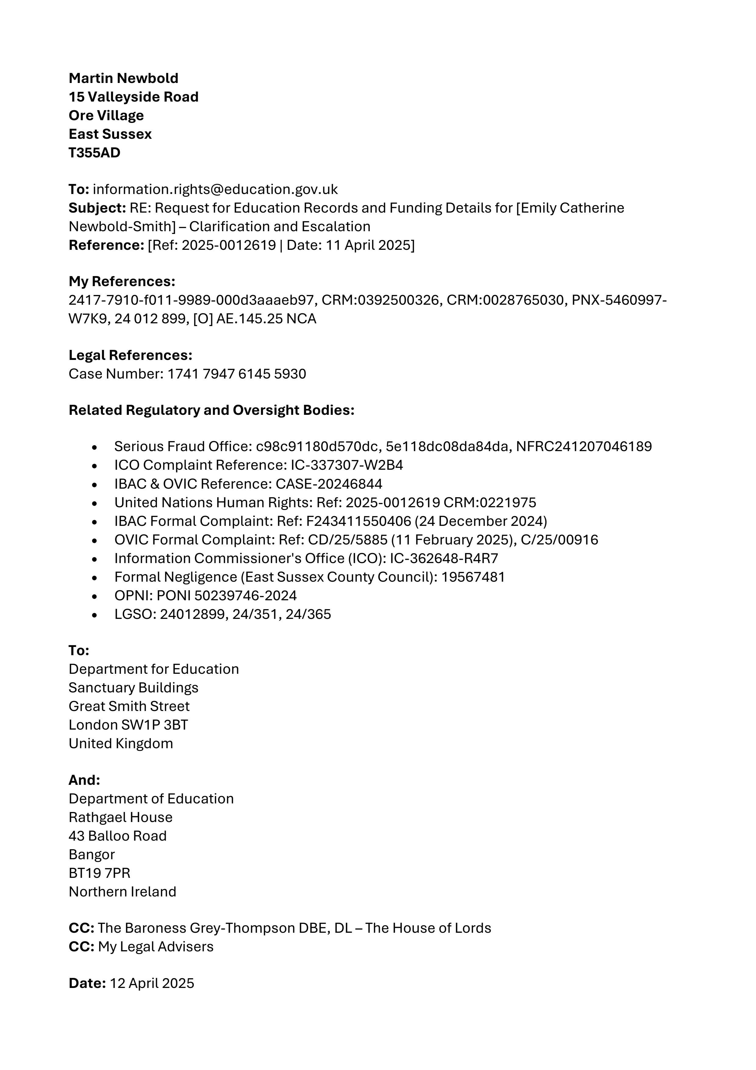 Letter to Department of Education today – thestealingofemily.co.uk