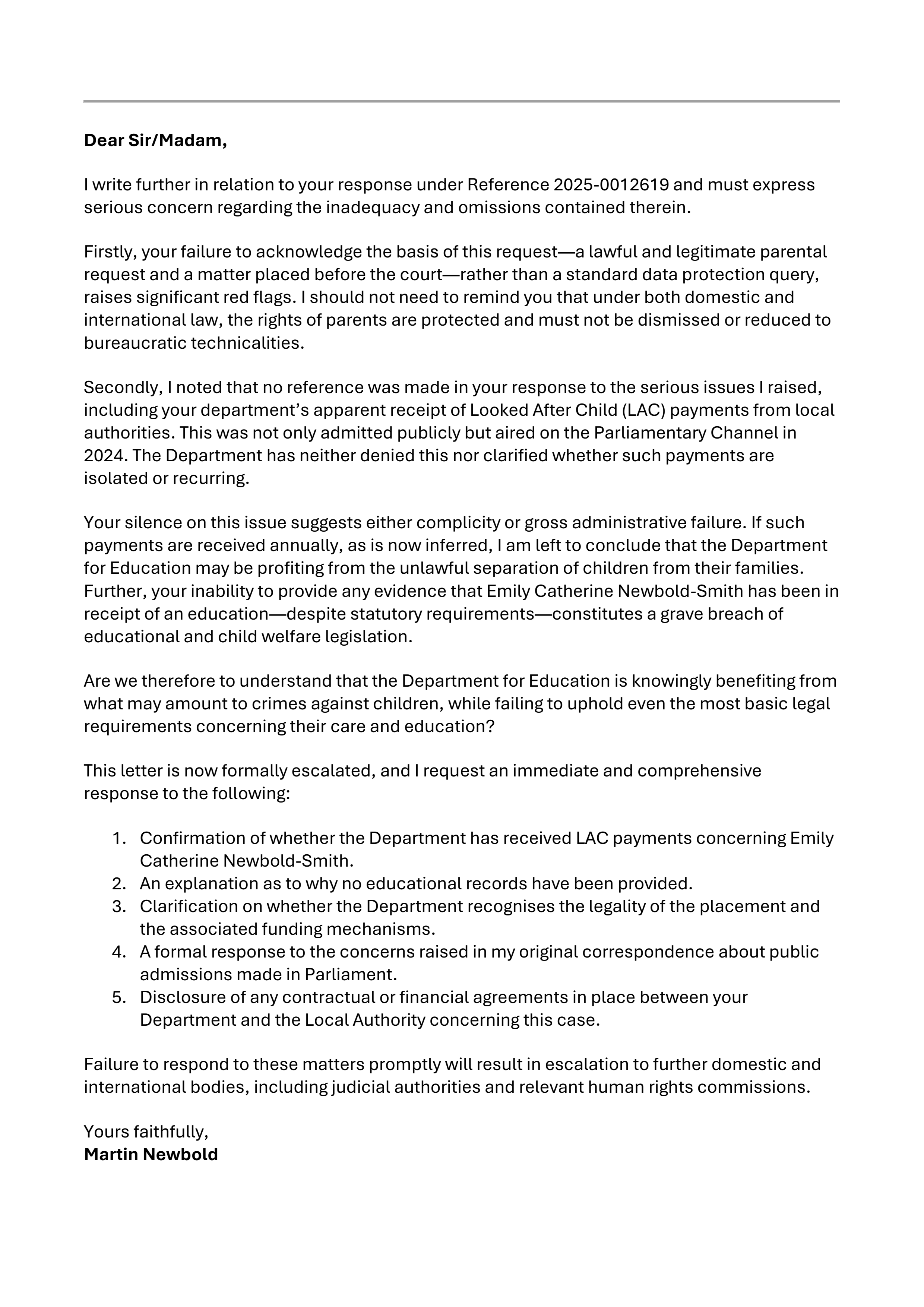 Letter to Department of Education today – thestealingofemily.co.uk