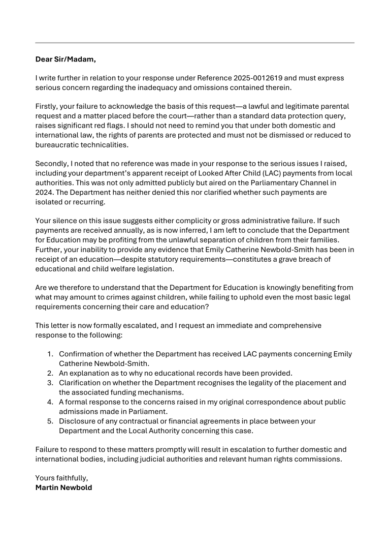 Letter to Department of Education today – thestealingofemily.co.uk