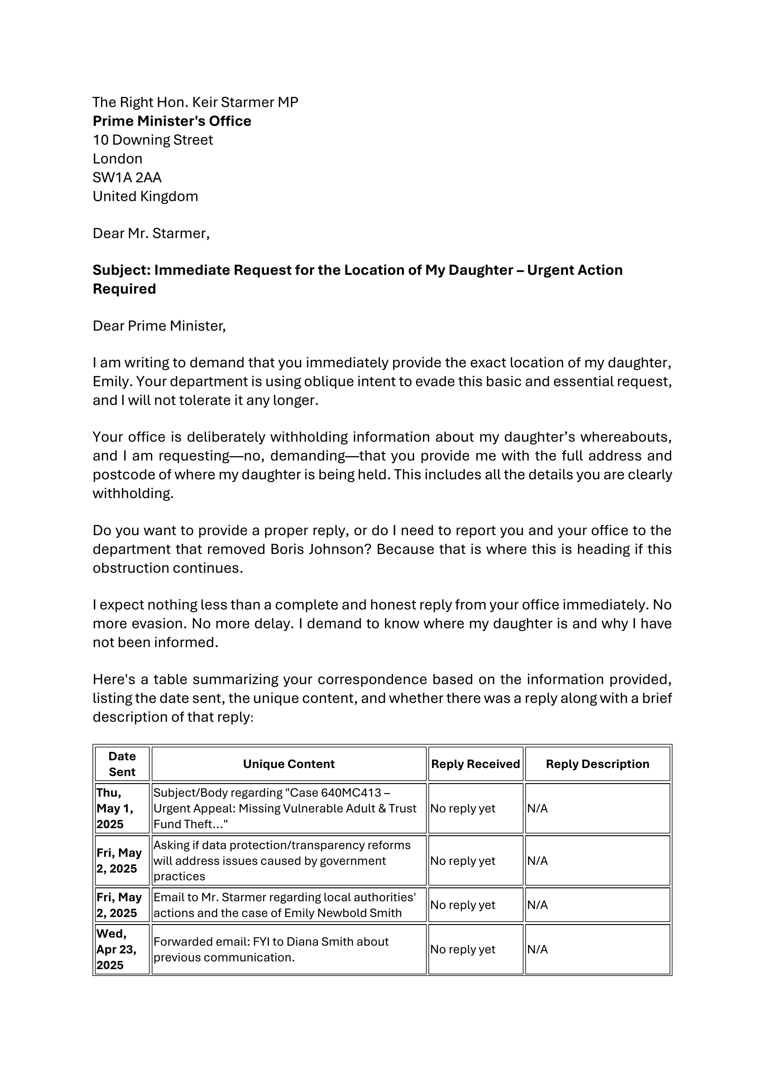 Letter to Prime Minister on Missing Emily Newbold-Smith ...
