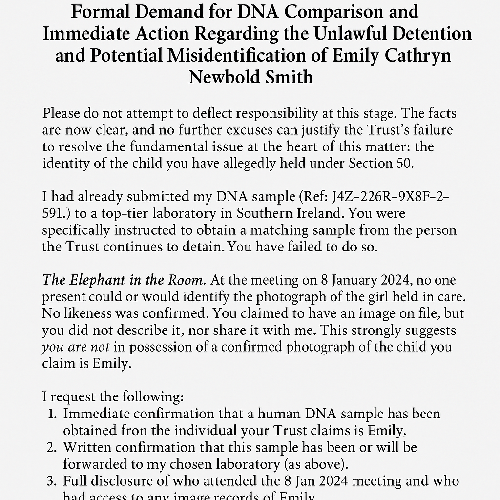 Formal Demand for DNA Comparison and Immediate Action Regarding the ...